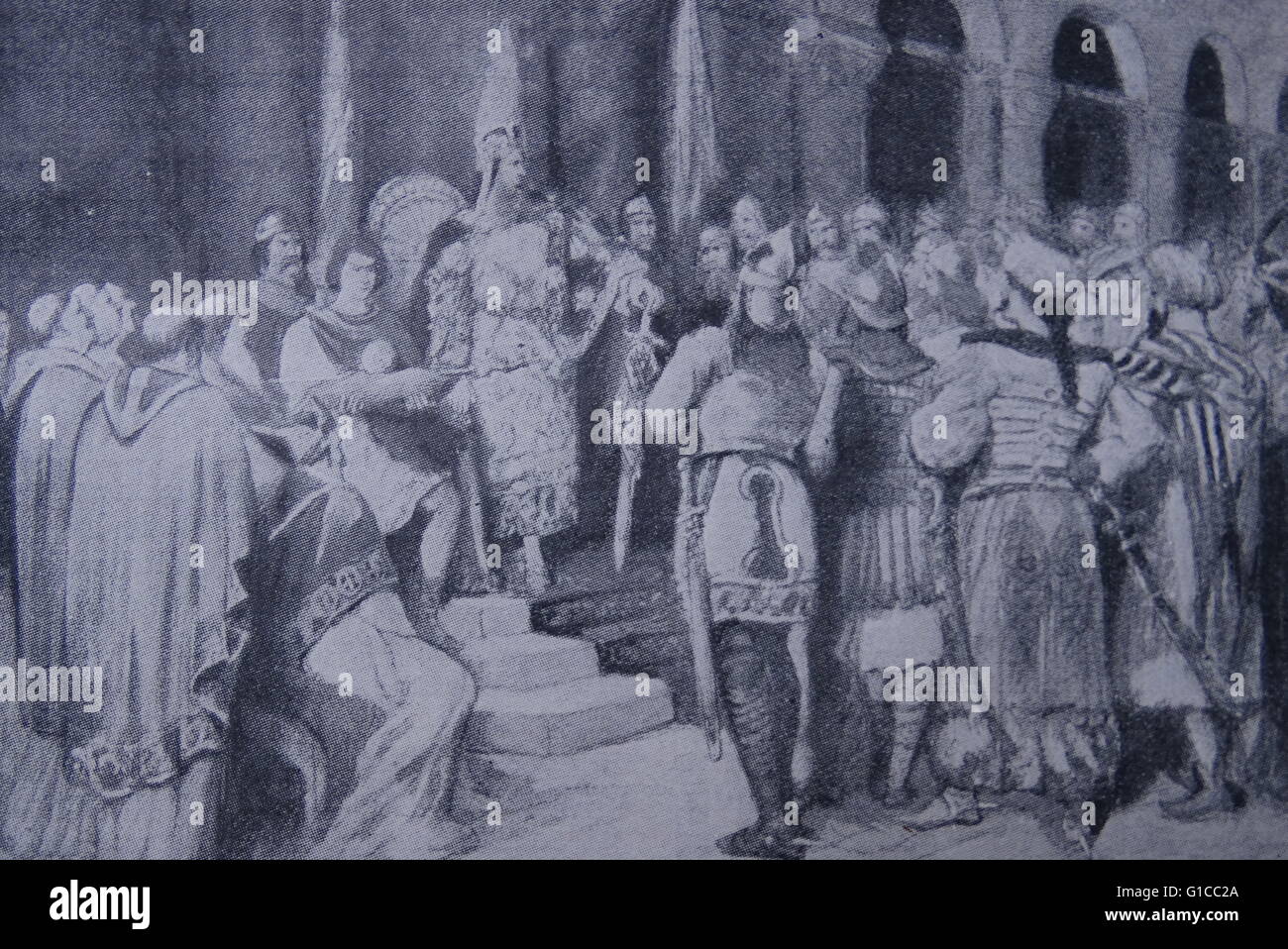 Engraving depicting King Charlemagne, King of the Franks, addressing ...