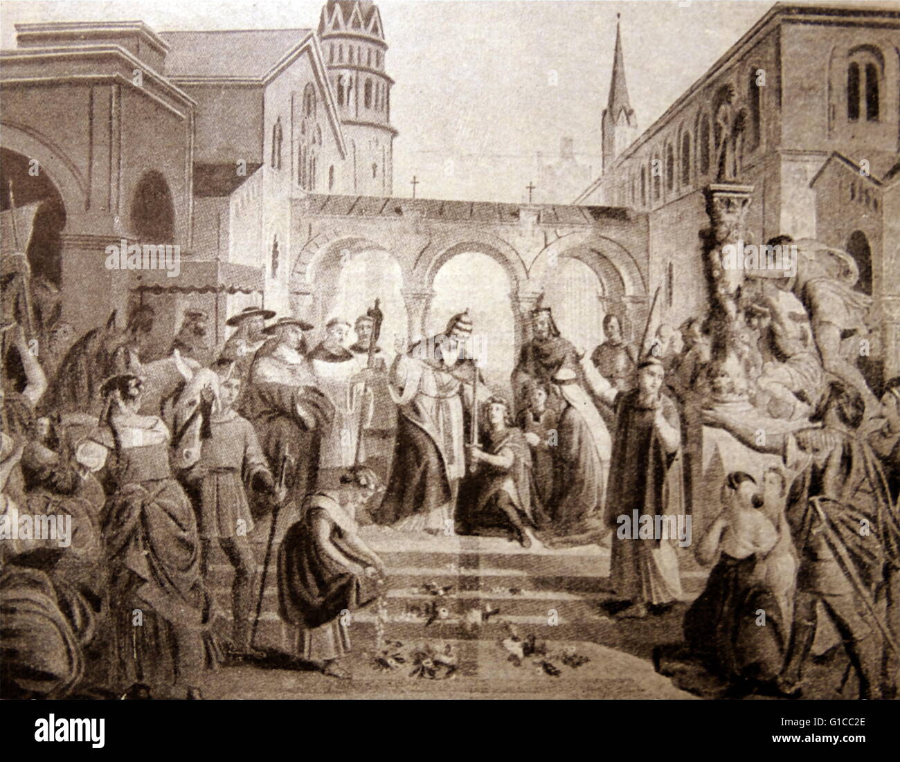 Engraving depicting King Charlemagne, King of the Franks, being ...