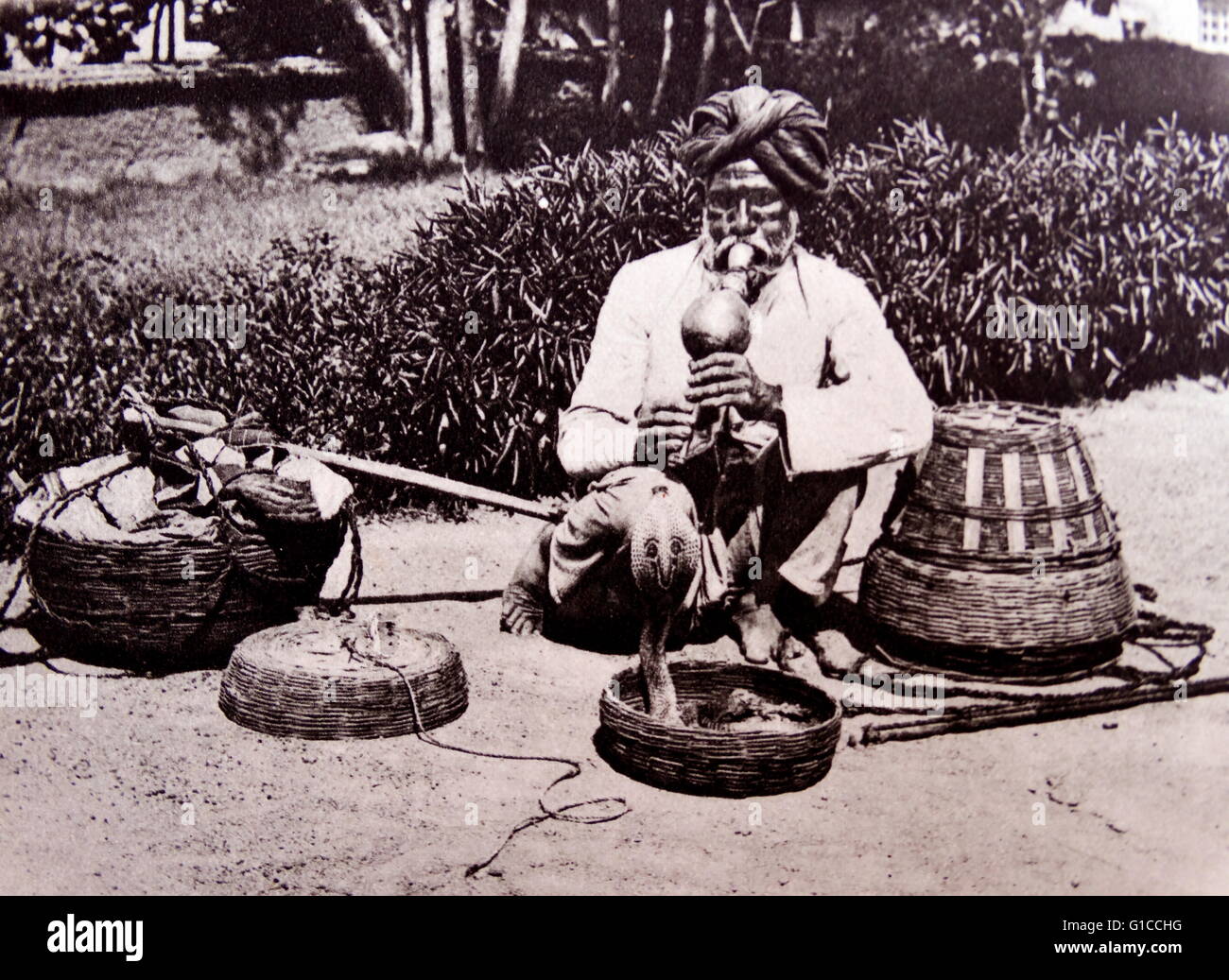 Indian snake charmer with flute luring a cobra from a basket 1925 Stock ...