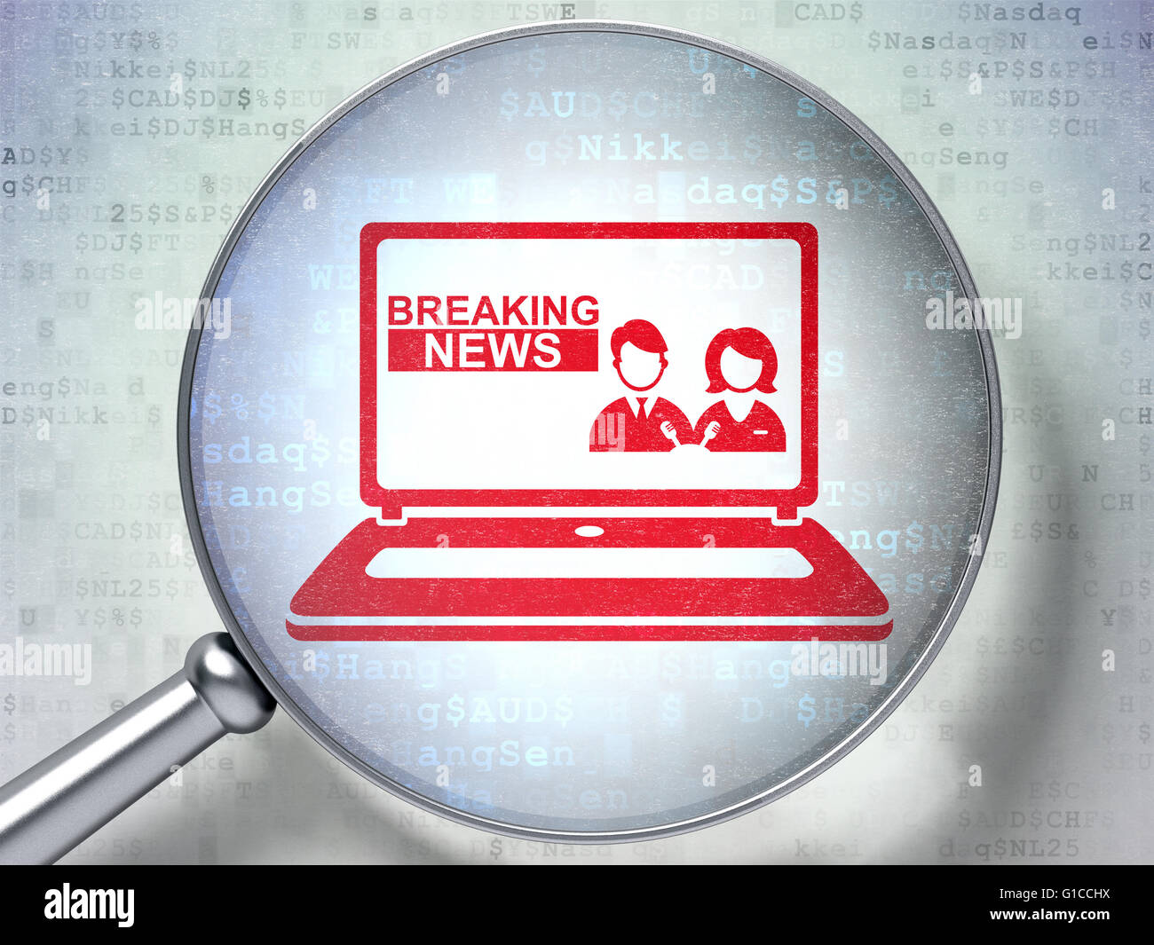 News concept: Breaking News On Laptop with optical glass on digital ...