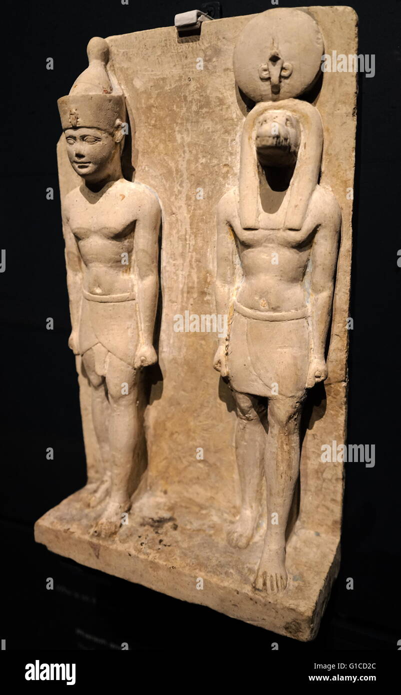 Limestone carving of Pharaoh and the Egyptian god Sobek. Dated 300 BC ...