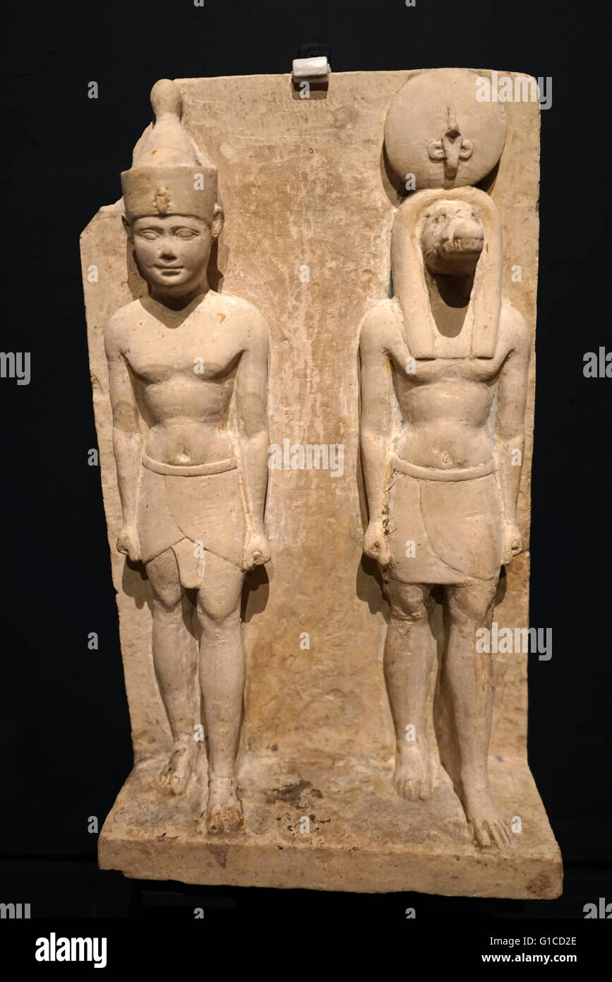 Limestone carving of Pharaoh and the Egyptian god Sobek. Dated 300 BC ...