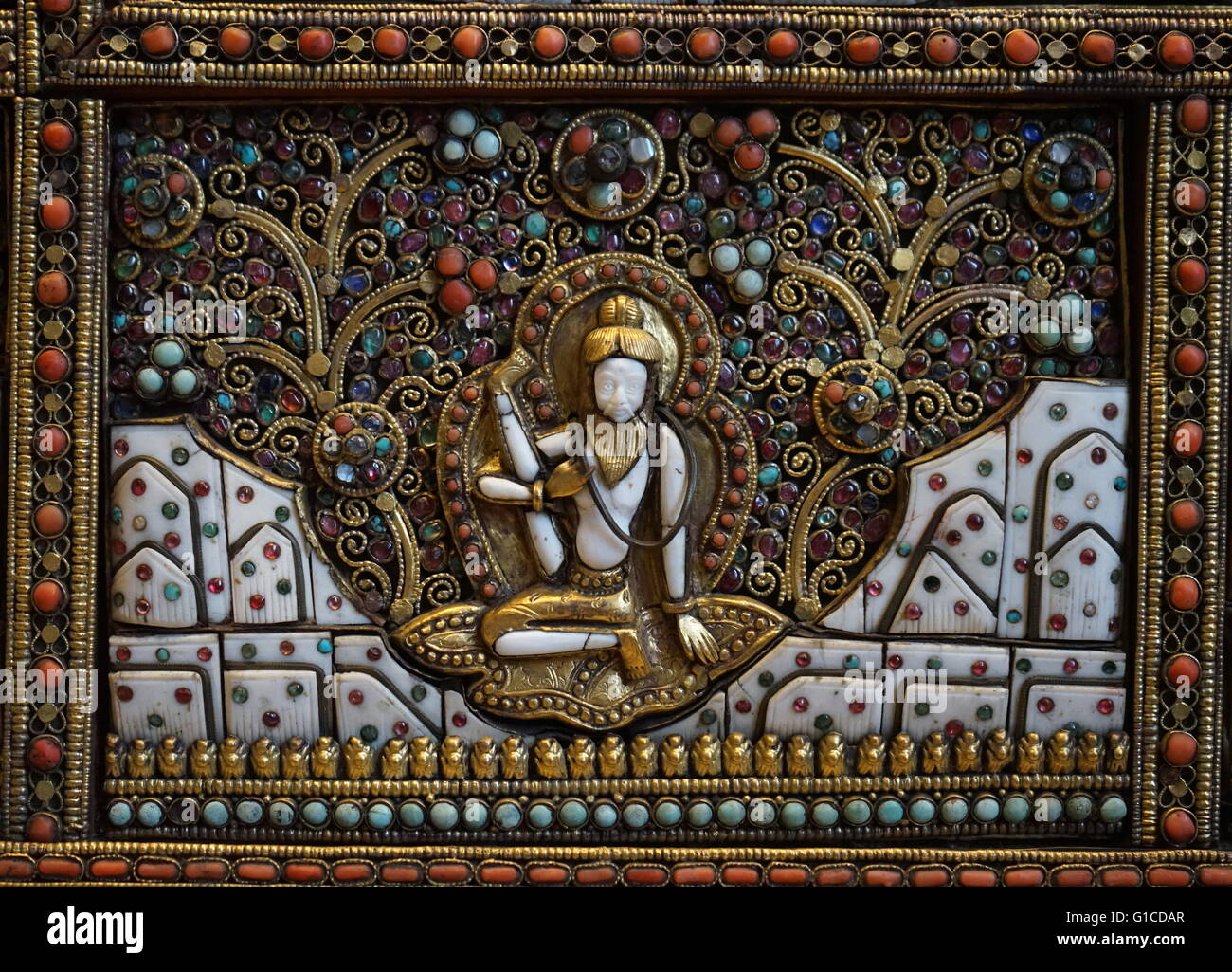 Altar screen of metal, set with bone, shell, precious and semi-precious ...