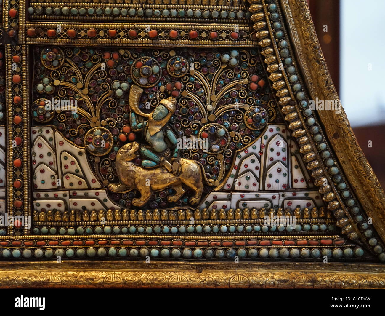 Altar screen of metal, set with bone, shell, precious and semi-precious ...
