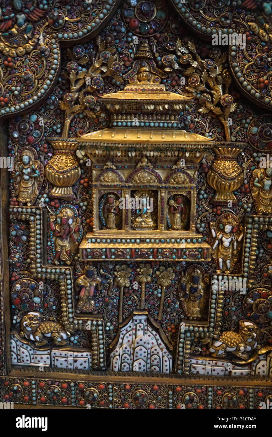 Altar screen of metal, set with bone, shell, precious and semi-precious ...