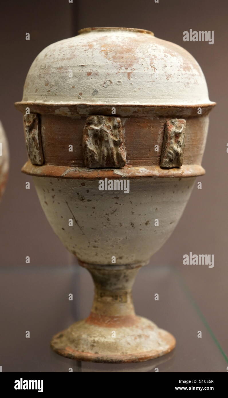 Oval pottery vessel with relief decoration, from Libya. Dated 200 BC ...