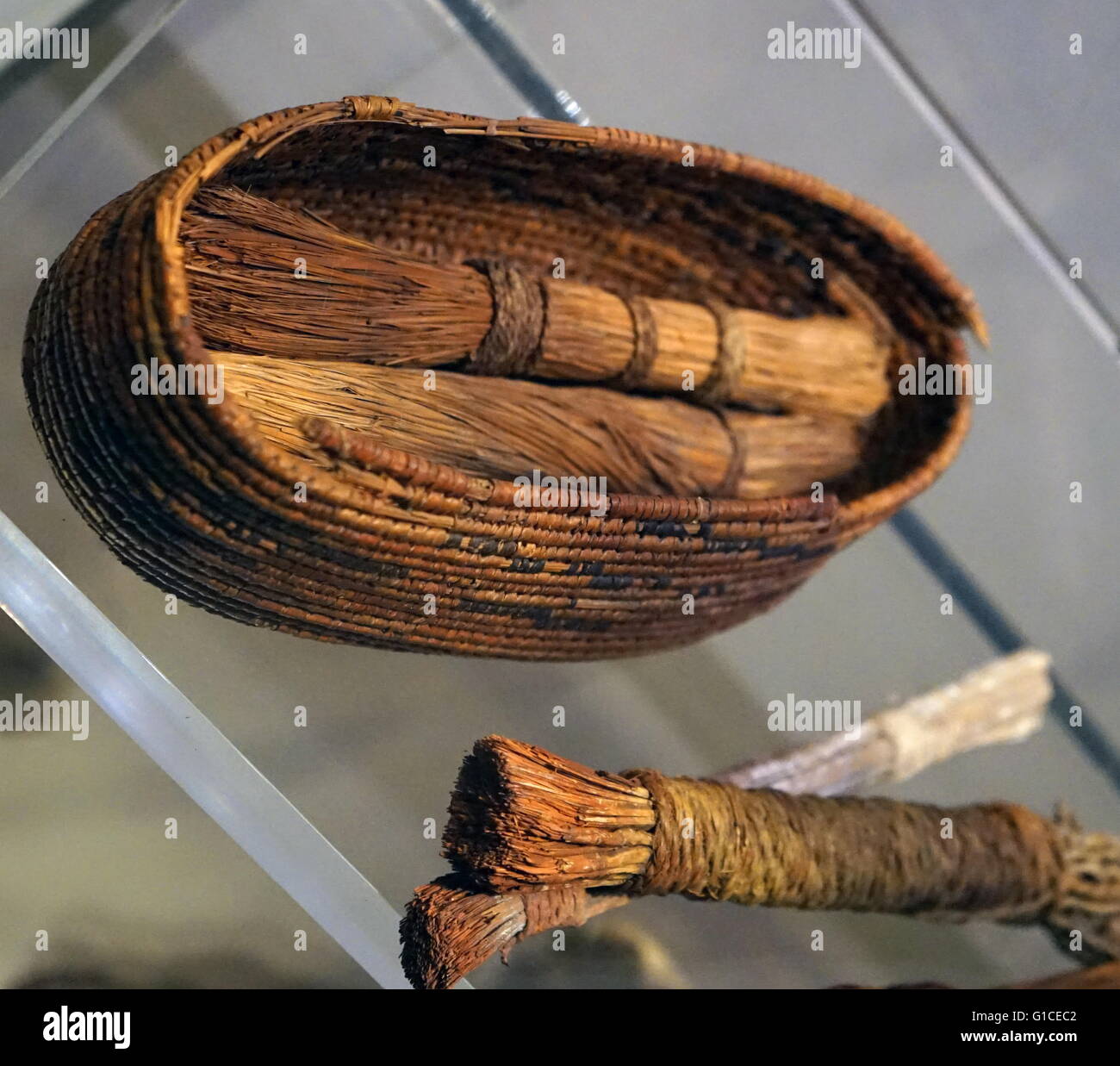 Paint brushes made of palm fibre, stained with ancient paint and ...