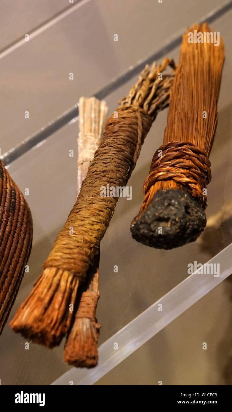 Paint brushes made of palm fibre, stained with ancient paint and ...
