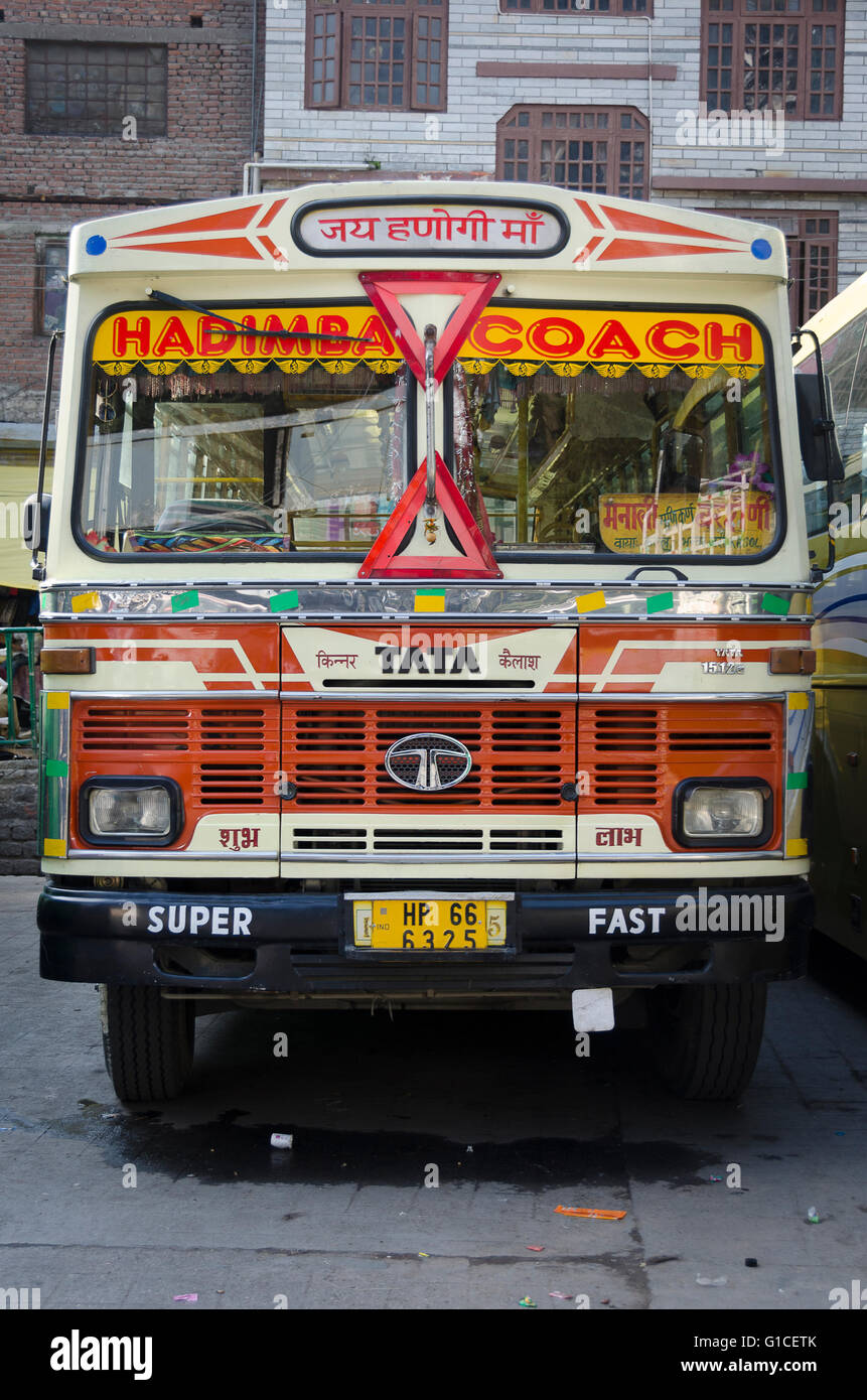 Ornately decorated bus at bus station, Manali, Himachal Pradesh, India ...