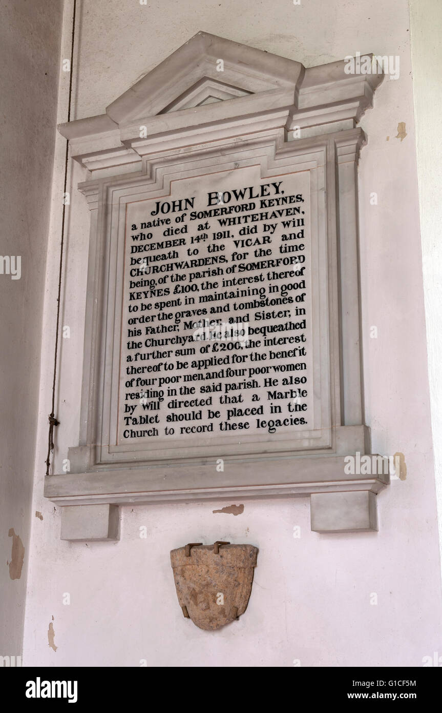John Bowley memorial plaque, All Saints Church, Somerford Keynes ...