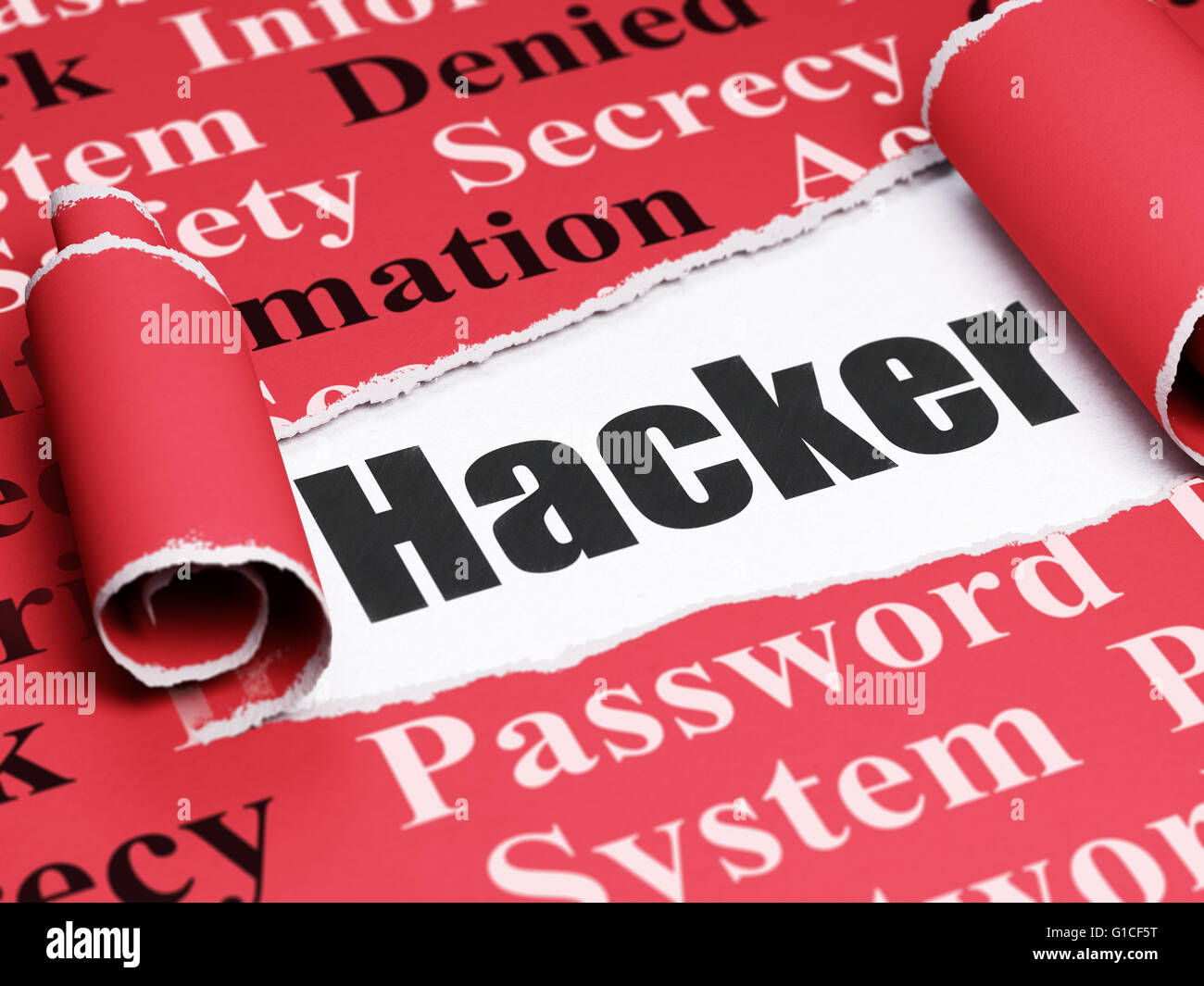 Protection concept: black text Hacker under the piece of torn paper ...
