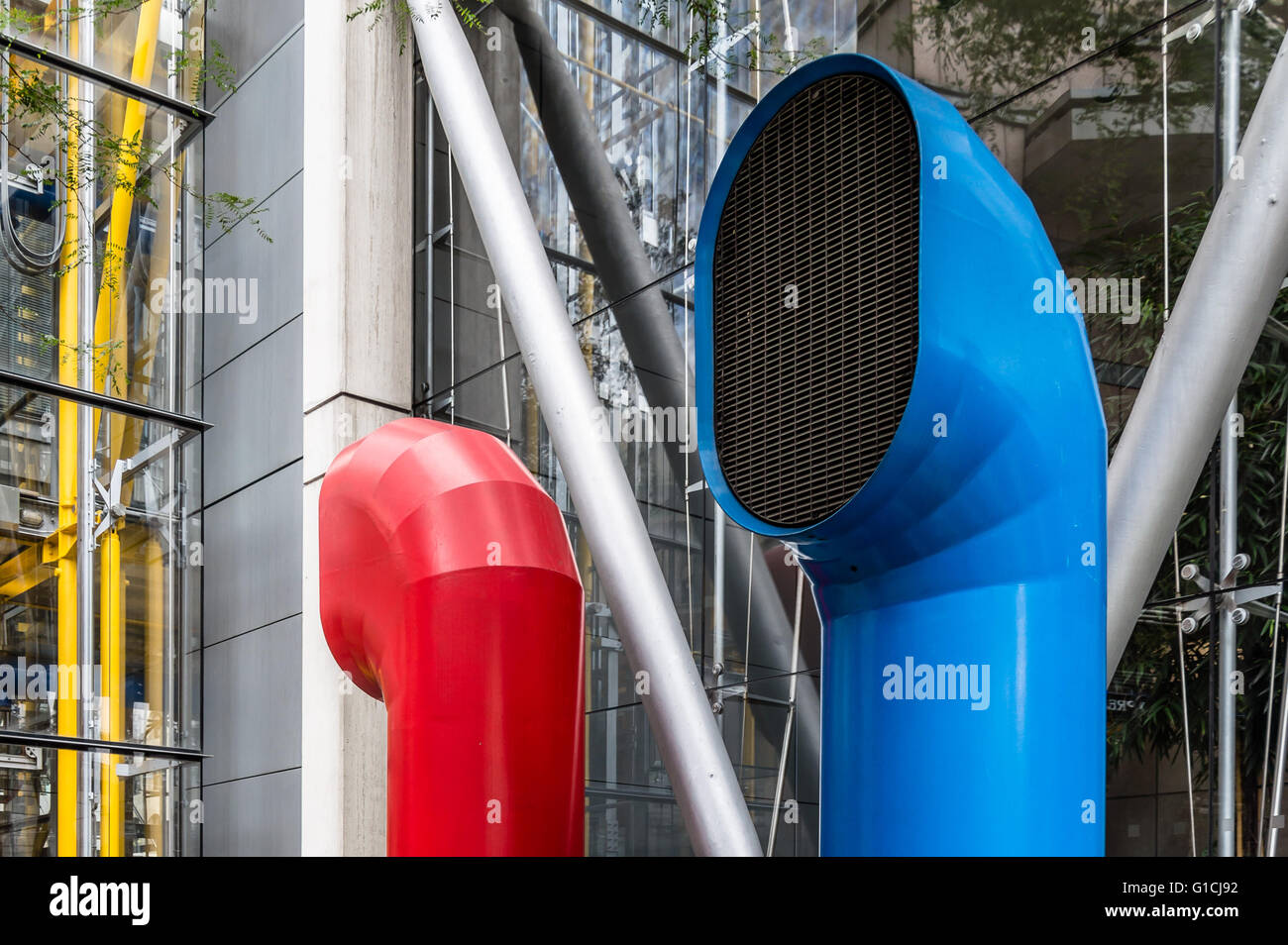 Detail of colorful ventilation funnels in a modern office building ...