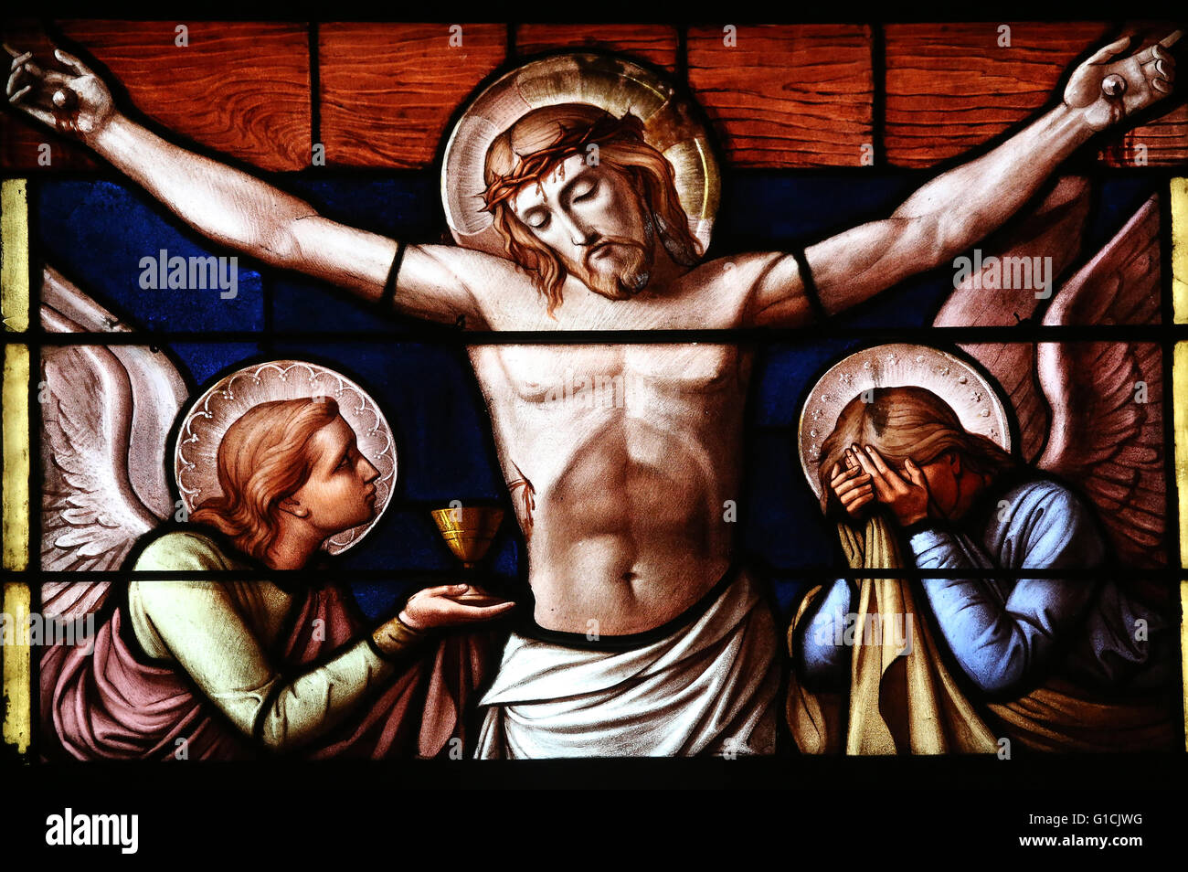 Basilica Notre-Dame of Geneva. Stained glass window. The passion of ...