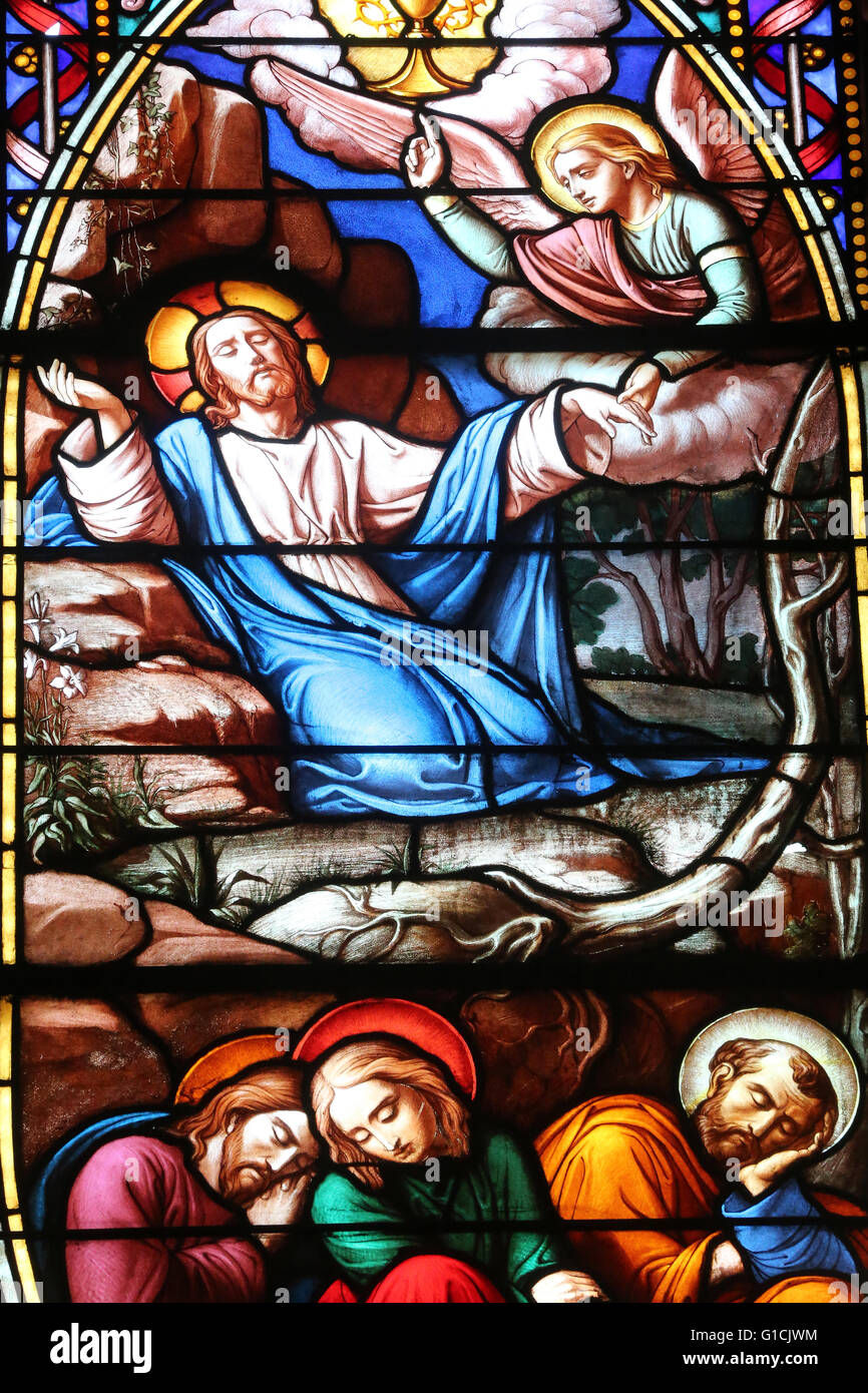 Basilica Notre-Dame of Geneva. Stained glass window. The passion of ...