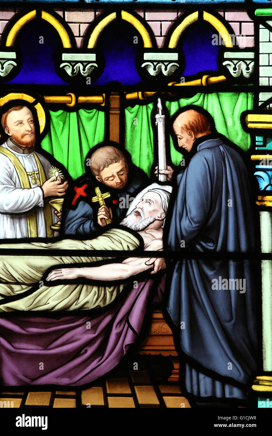 Basilica Notre-Dame of Geneva. Stained glass window. St. Vincent de ...