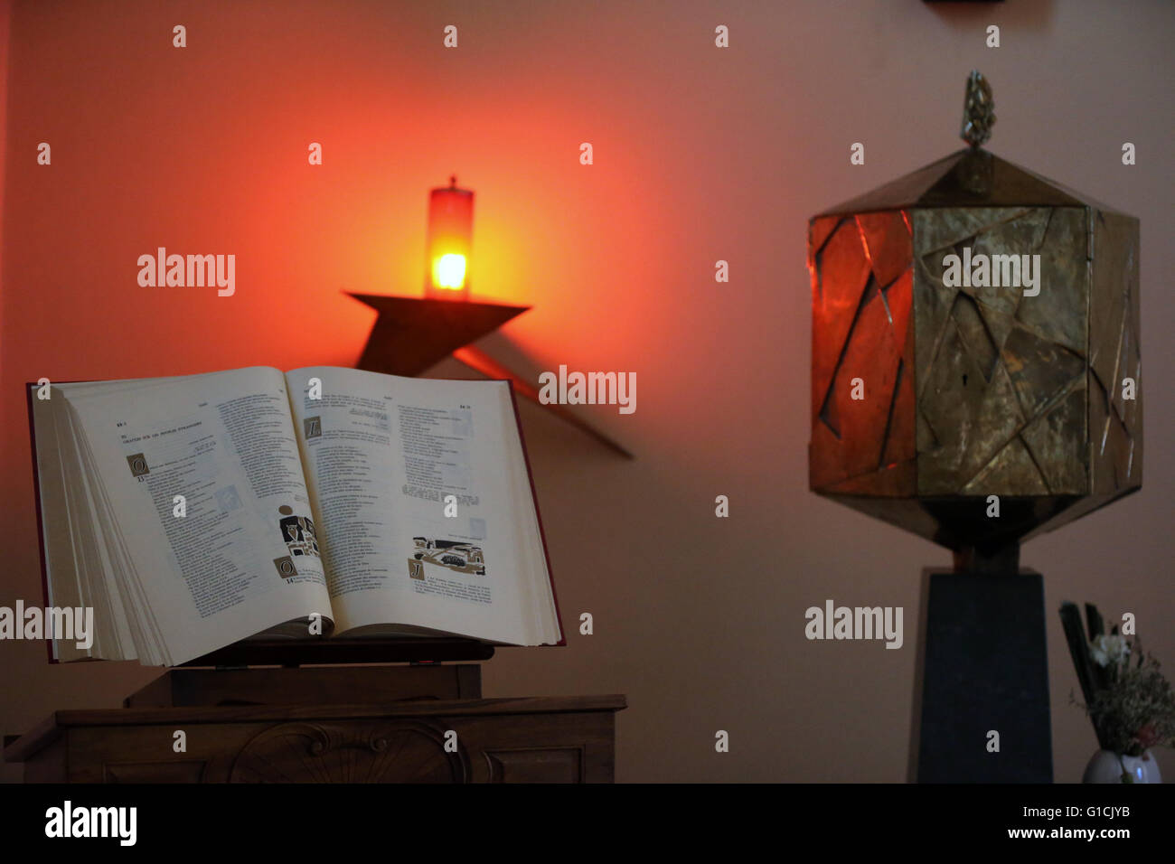 Nativity of Our Lady Church. Holy Bible, tabernacle and tabernacle lamp ...