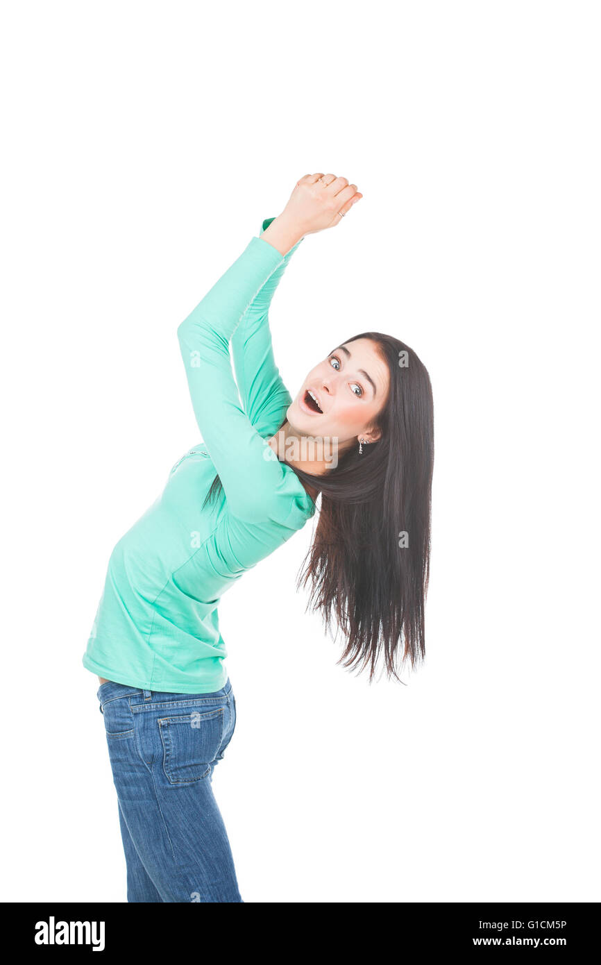 Woman stretching up hands Stock Photo - Alamy