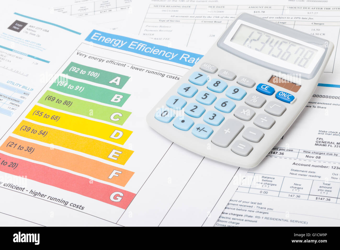 Energy efficiency chart and neat calculator over it - close up shot ...