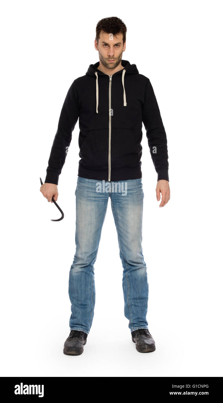 Crime concept. Criminal in hood with crowbar in hand, isolated on white ...