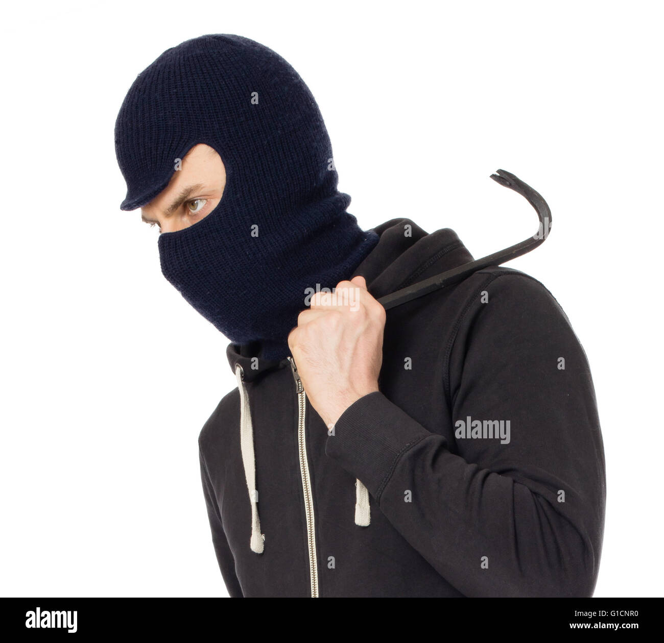 Thief burglar in balaclava mask with metal crowbar Stock Photo - Alamy
