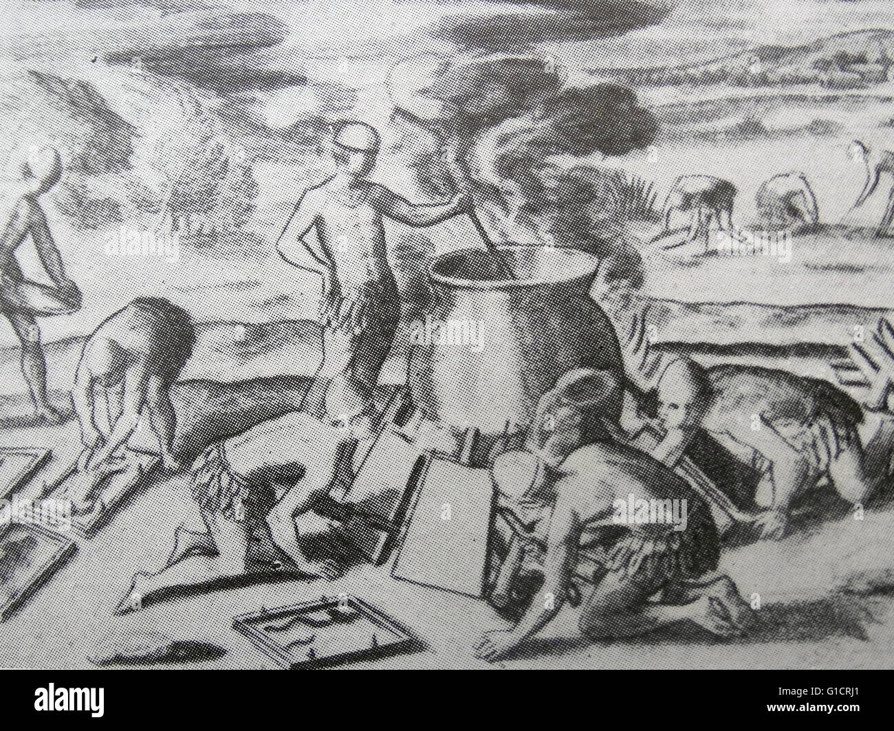 Indians in Guyana melting gold; Spanish colonial engraving 17th century ...