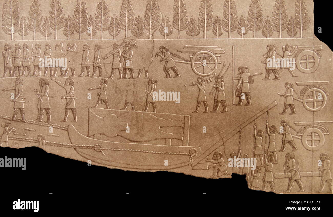 Stone plaque depicting the construction of the monuments of Nineveh ...