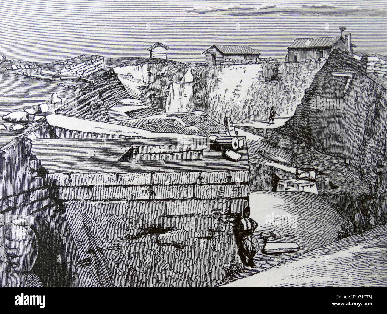 Engraving depicting the excavations in the Temple of Athena at Troy ...