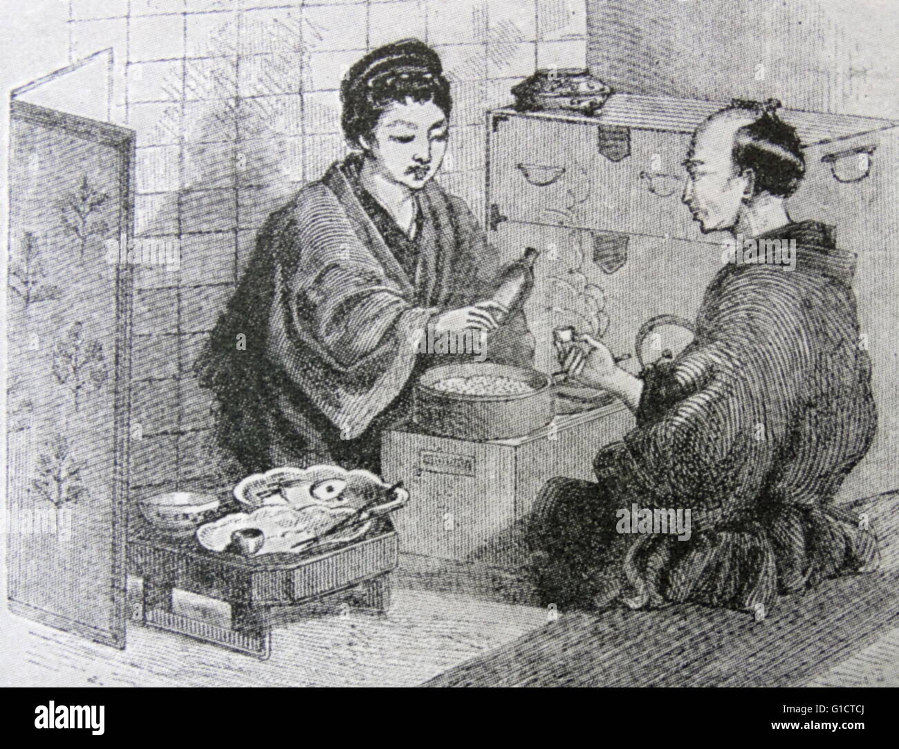 Illustration of a evening meal of a Japanese middle class family Stock ...