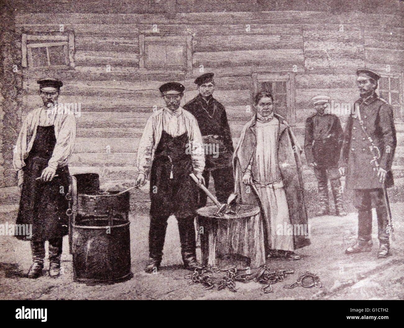 Russian nihilist revolutionaries as prisoners in Siberia. 1875 Stock ...
