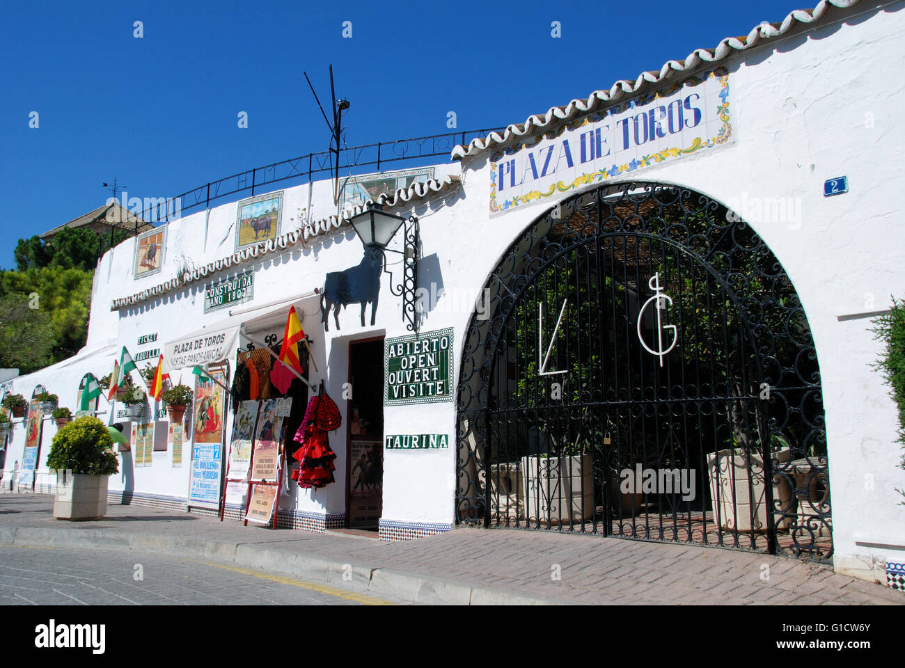 View of the bullring and entrance, built in 1900, Mijas, Malaga ...