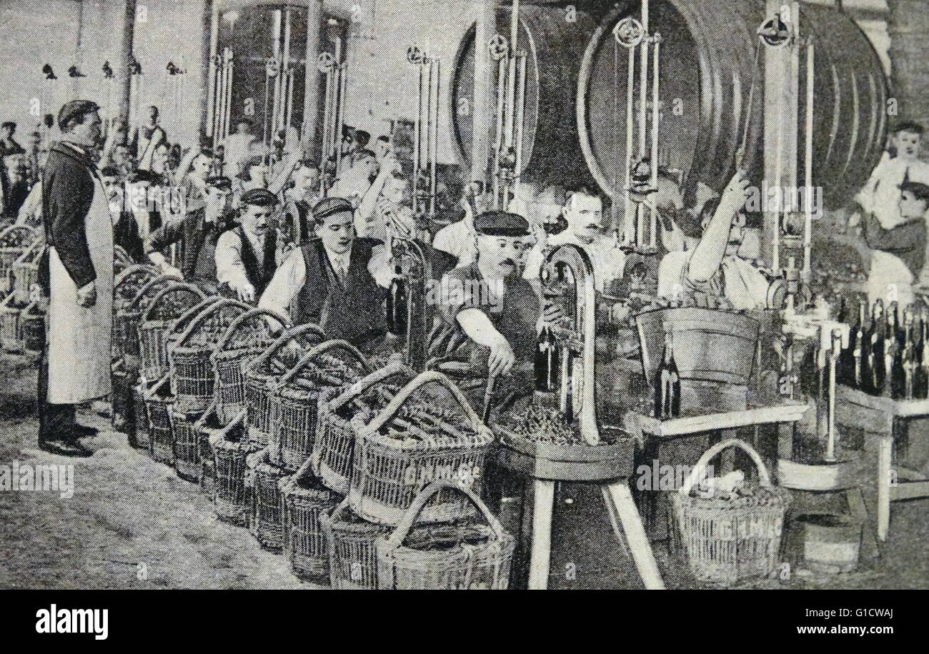 Print depicting the bottling of wine in Champagne, France. Dated 19th ...