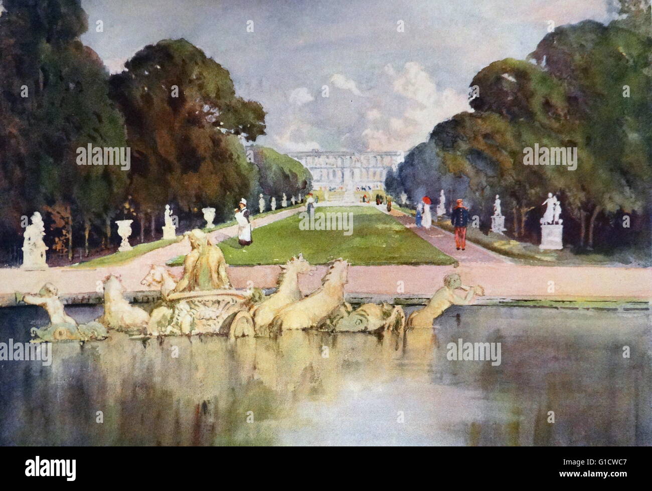 Painting depicting a view of the gardens at the Palace of Versailles, a ...