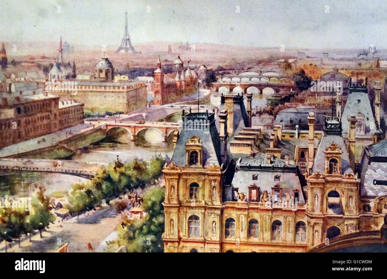 Painting of a panoramic view of Paris by Margaret Dovaston (1884-1955 ...