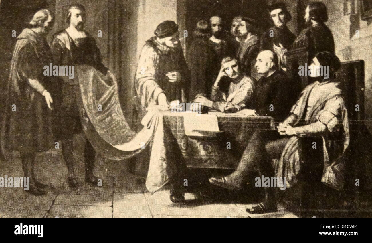 Painting depicting the origin of the silk industry in Lyons, France ...