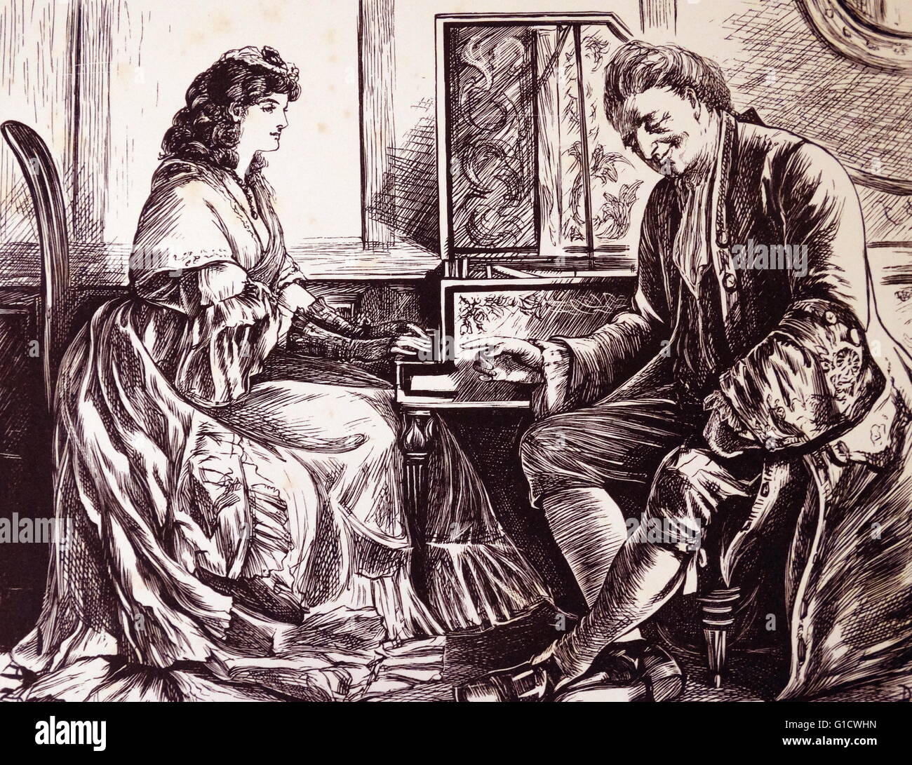 18th century music teacher with female student at a harpsichord. 19th ...