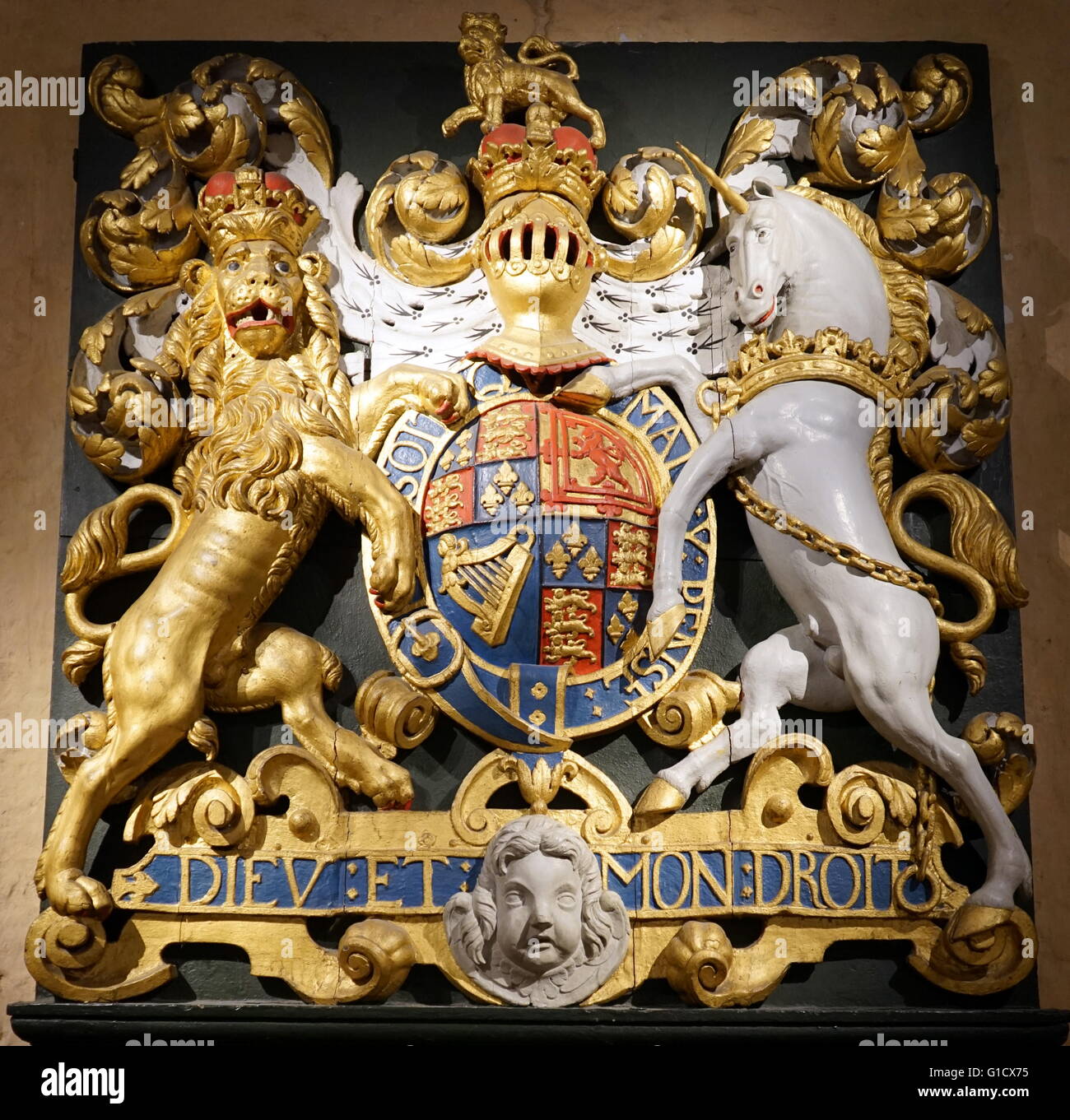 Carved and painted wooden coats of arms of the Stuart Kings. Dated 17th ...