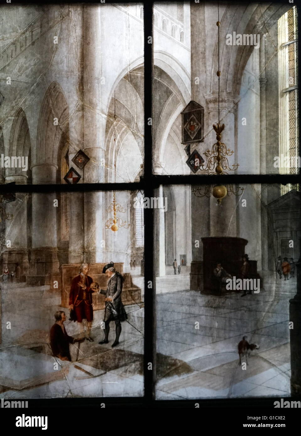 Glass panel painted by Thomas Jervais depicting a Dutch church interior ...