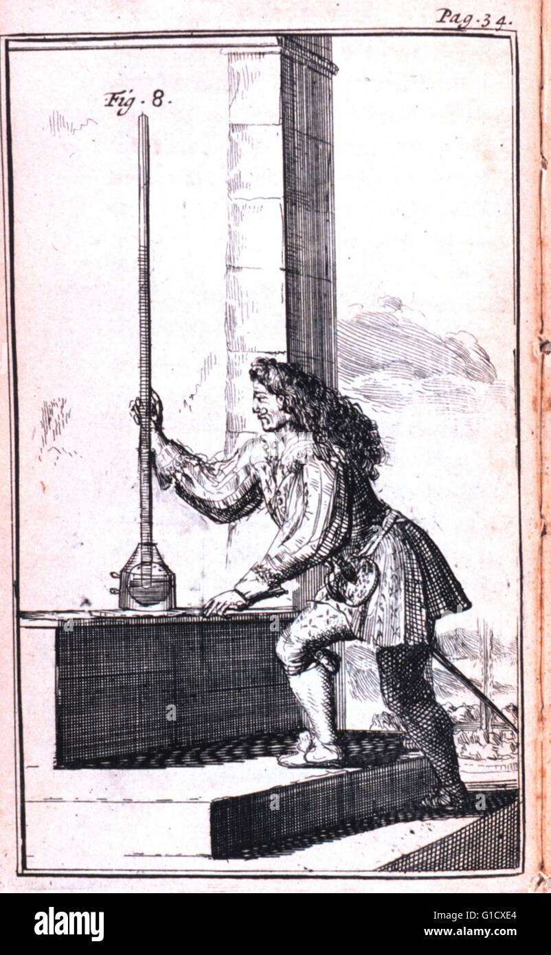 Engraving depicting an experiment with a barometer. Dated 17th Century ...