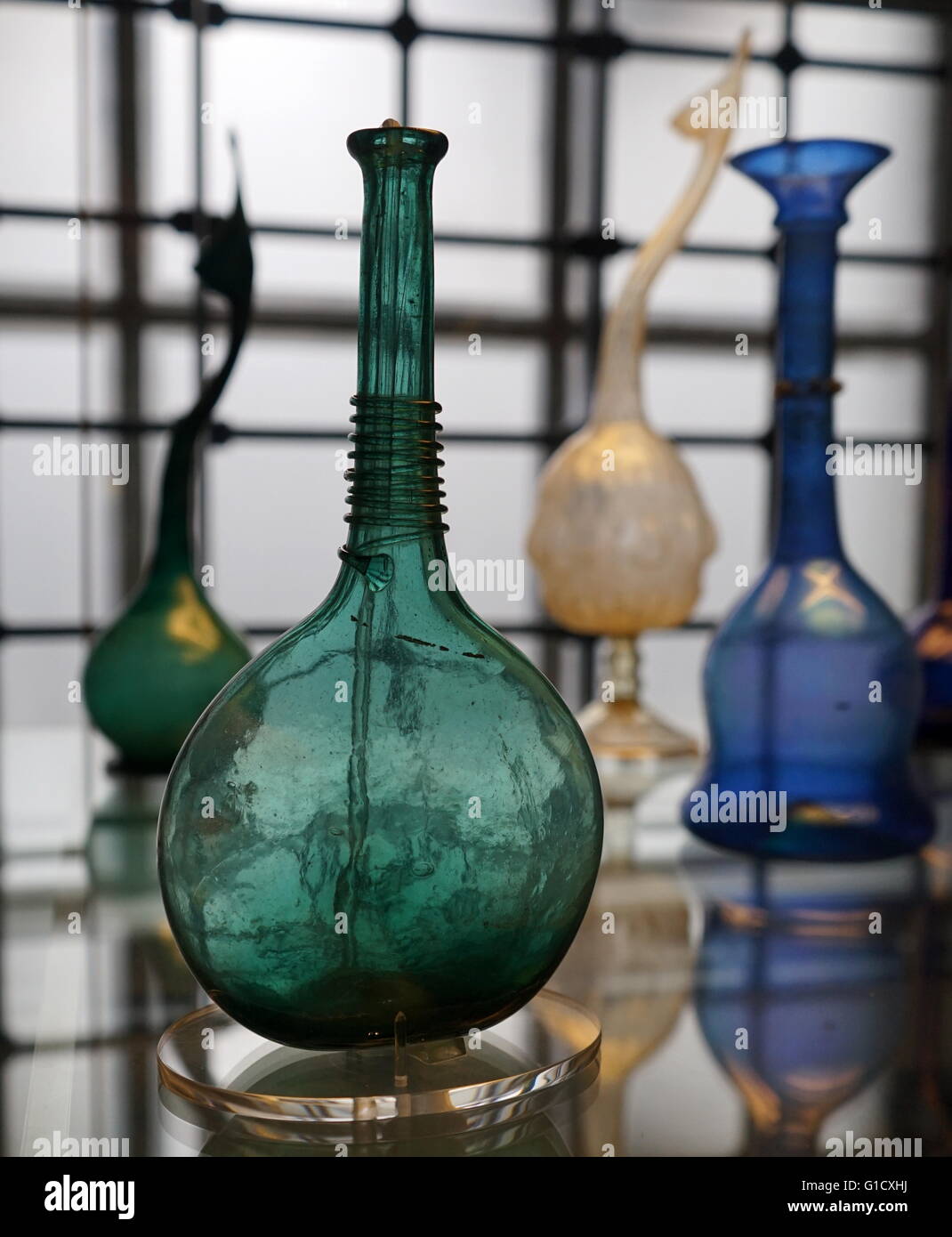 Blue glass bottle with applied ornament. Dated 18th Century Stock Photo ...