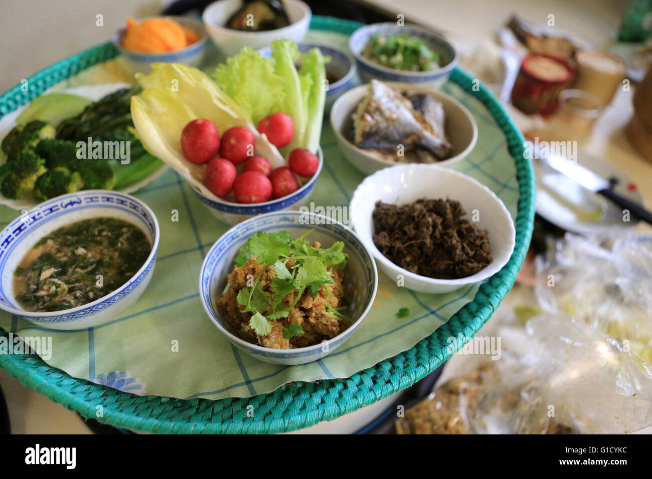 Asian meal. Offering preparation. Wat Velouvanaram Buddhist monastery ...