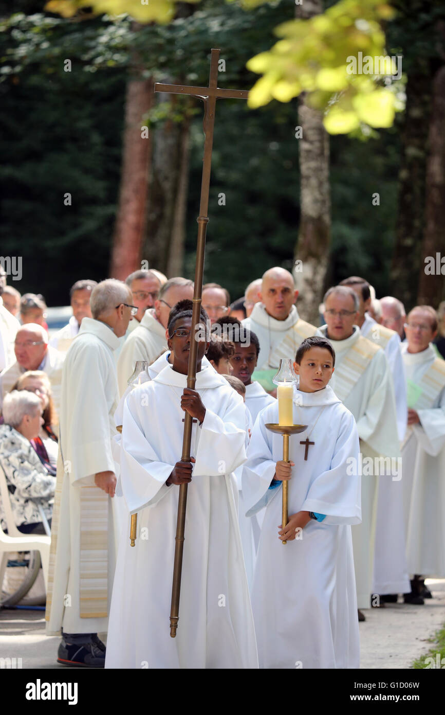 Sanctuary of La Benite Fontaine. Catholic mass. Procession. La Roche-sur-Foron. France Stock ...