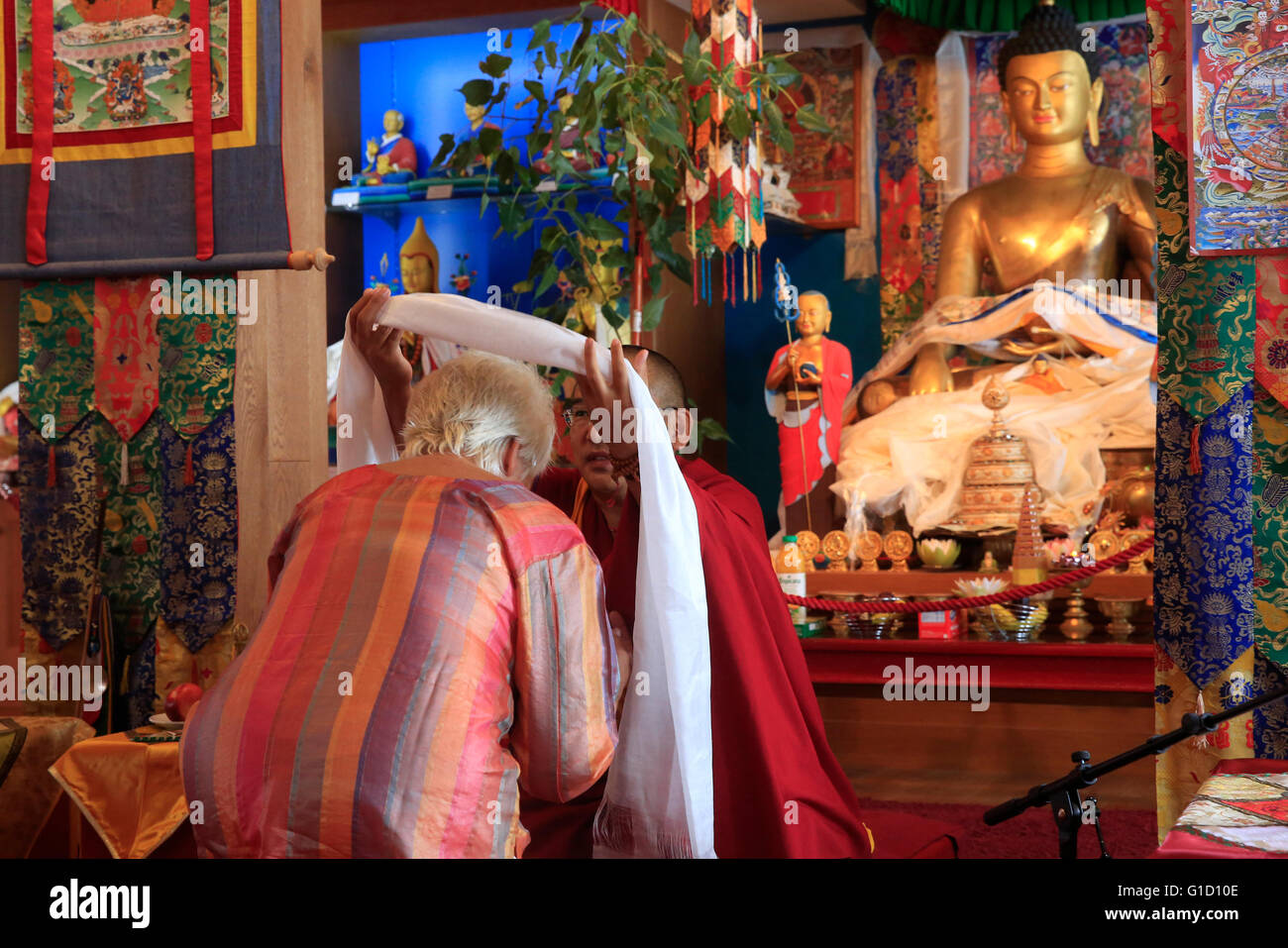 Shedrub Choekhor Ling monastery. Buddhist ceremony with akhata ...
