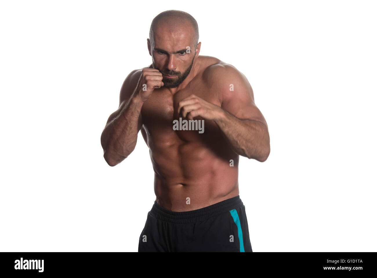 Young Muscular Sports Guy Boxing Workout Over White Background Isolated ...