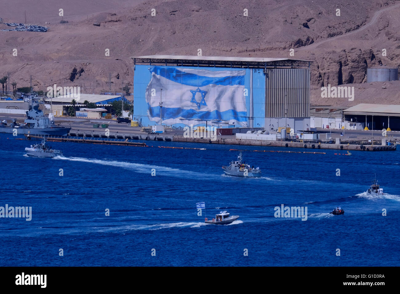 Israeli navy warships on display in the bay of the city of Eilat as ...