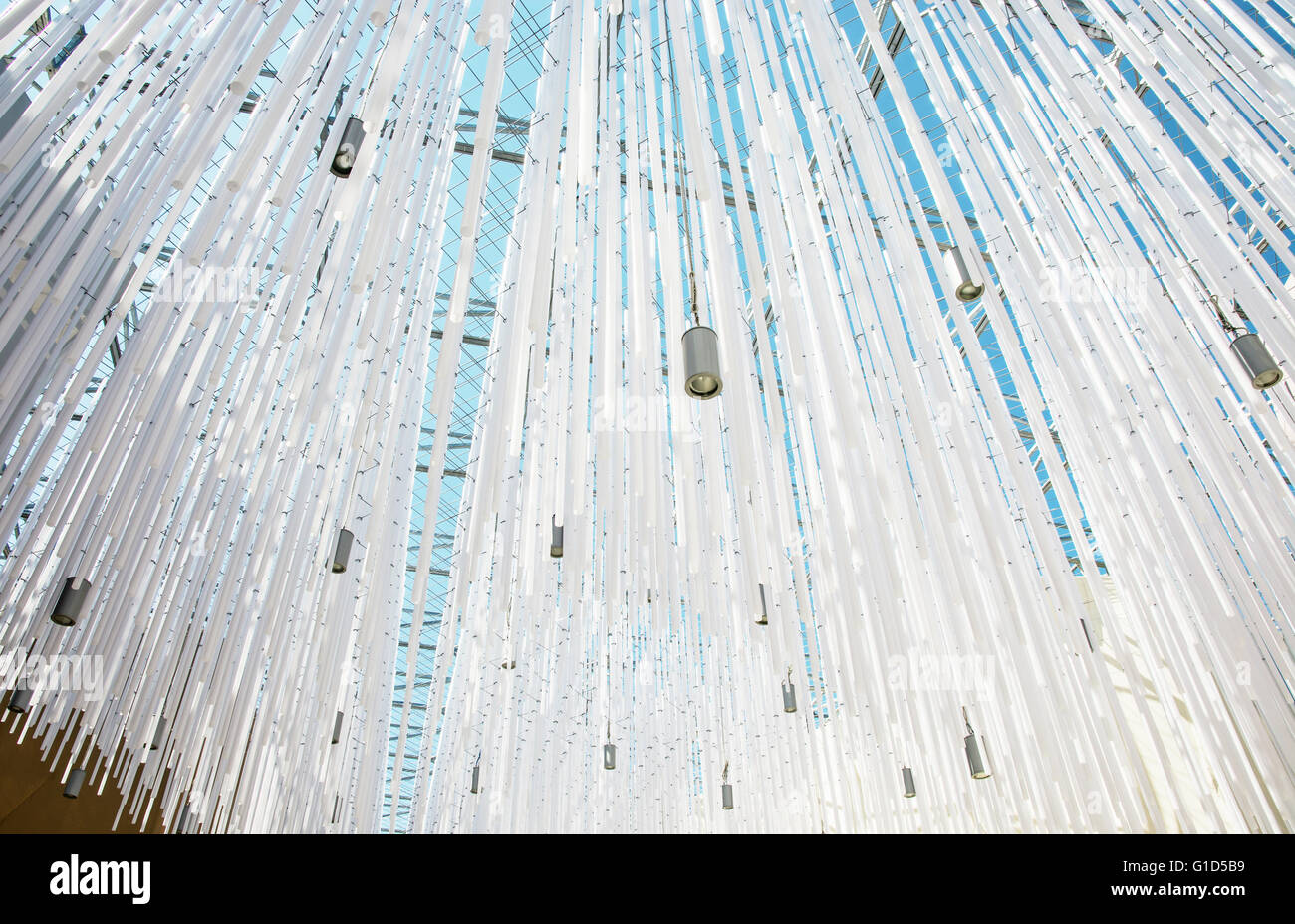 Ceiling of modern hanging lights. Architectural element. White ...