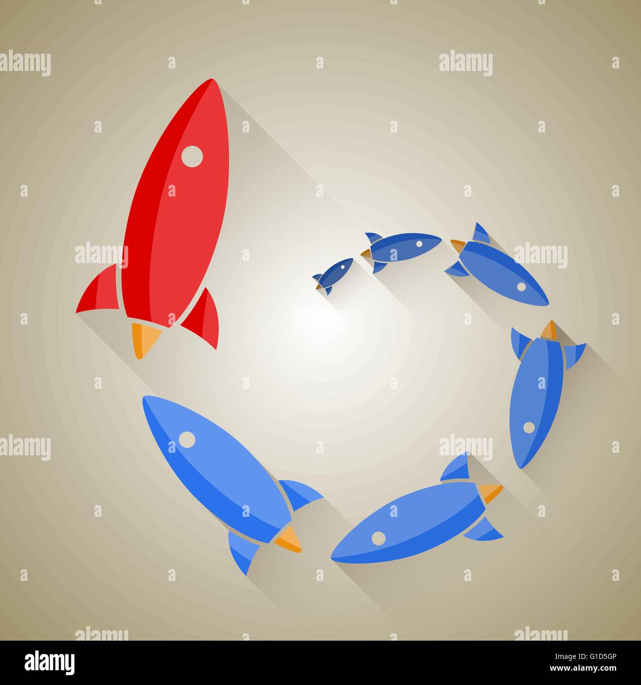 Blue and red rockets. Big red rocket in the front of line as leader of ...