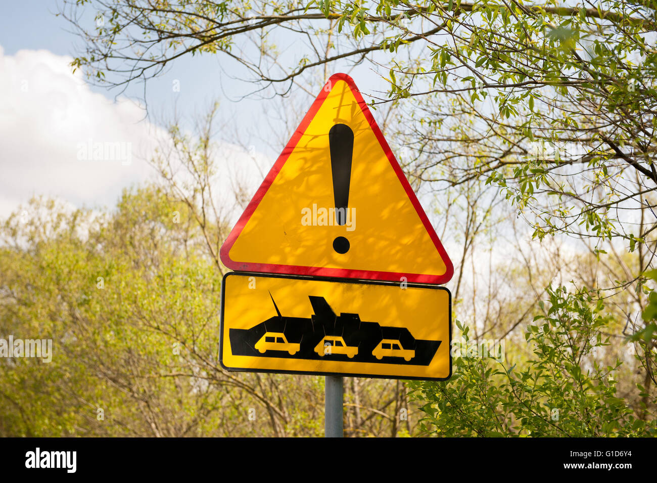 Cable ferry ship warning sign by the wayside, course from Janowiec to ...