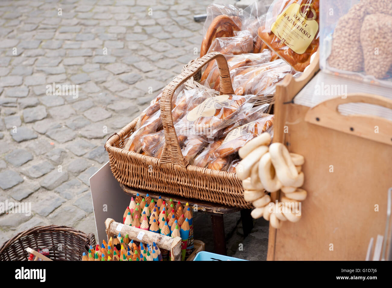 Rooster shaped bread in wicker baskets and souvenirs at the bazaar in ...