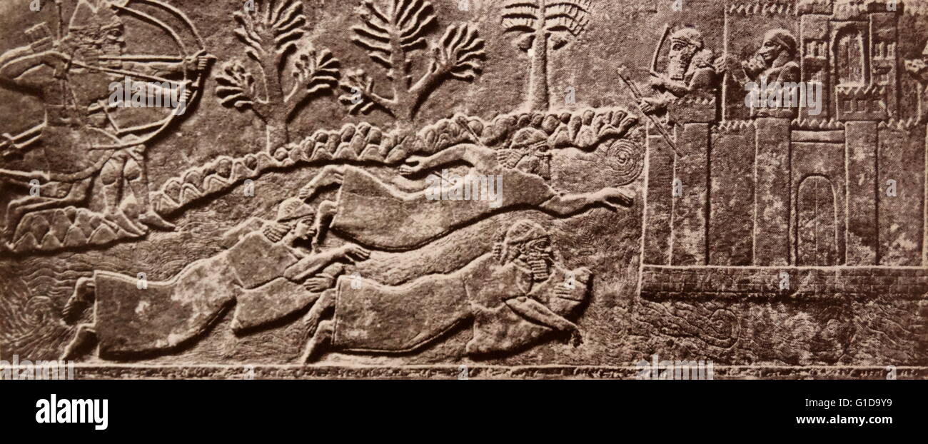 Relief of a siege depicts Assyrians crossing a moat or river using ...