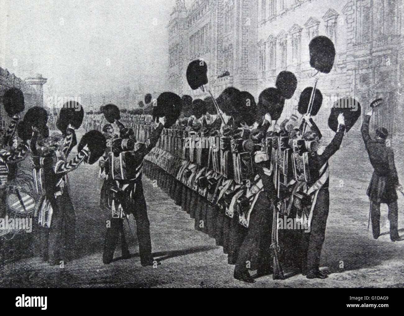 Scots Guards cheer the Queen of Great Britain, Victoria as they leave ...